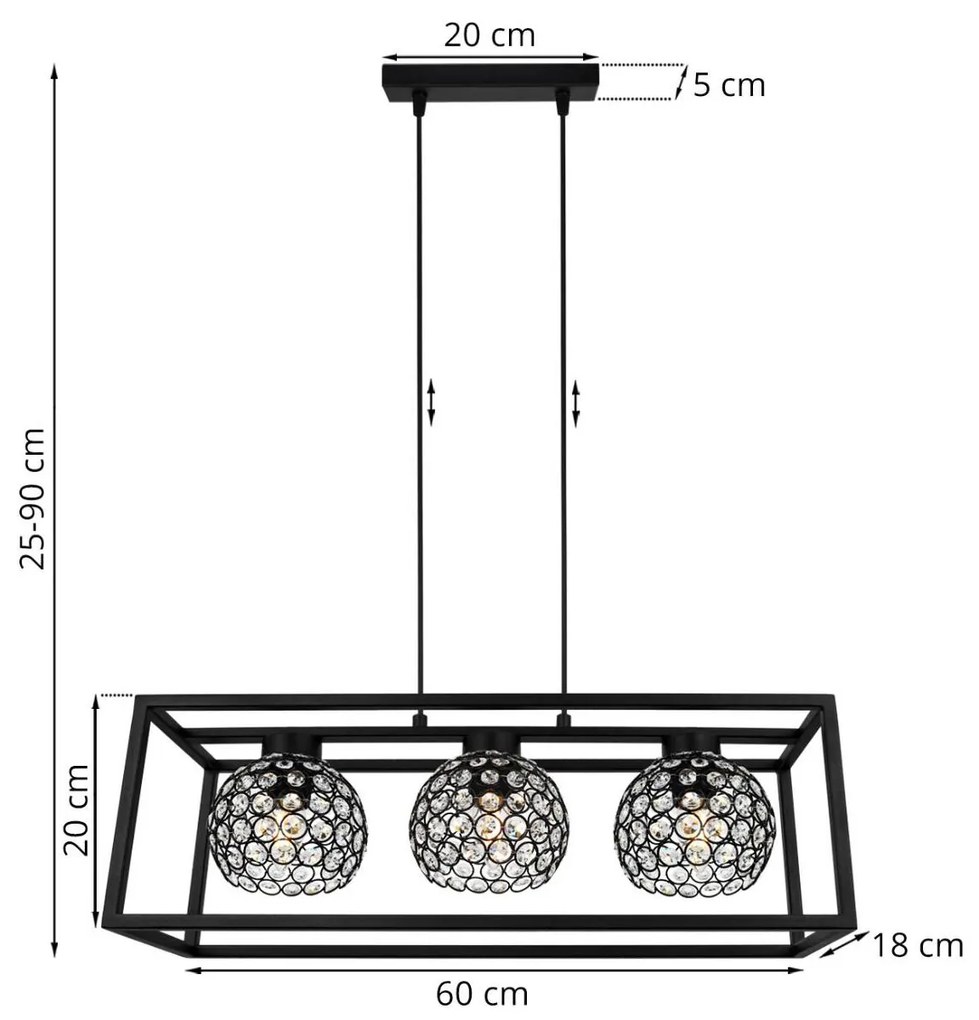 Závěsné svítidlo CRYSTAL CAGE, 3x černé křišťálové stínítko v kovovém rámu