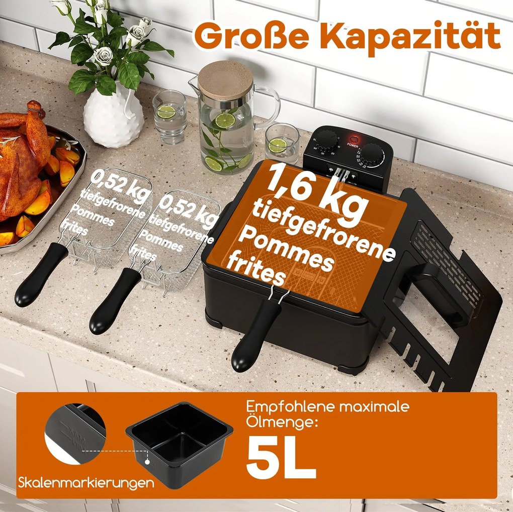 Costway Fritéza 1700 W elektrická fritéza 5 L fritovací hrnec s 1 velkým a 2