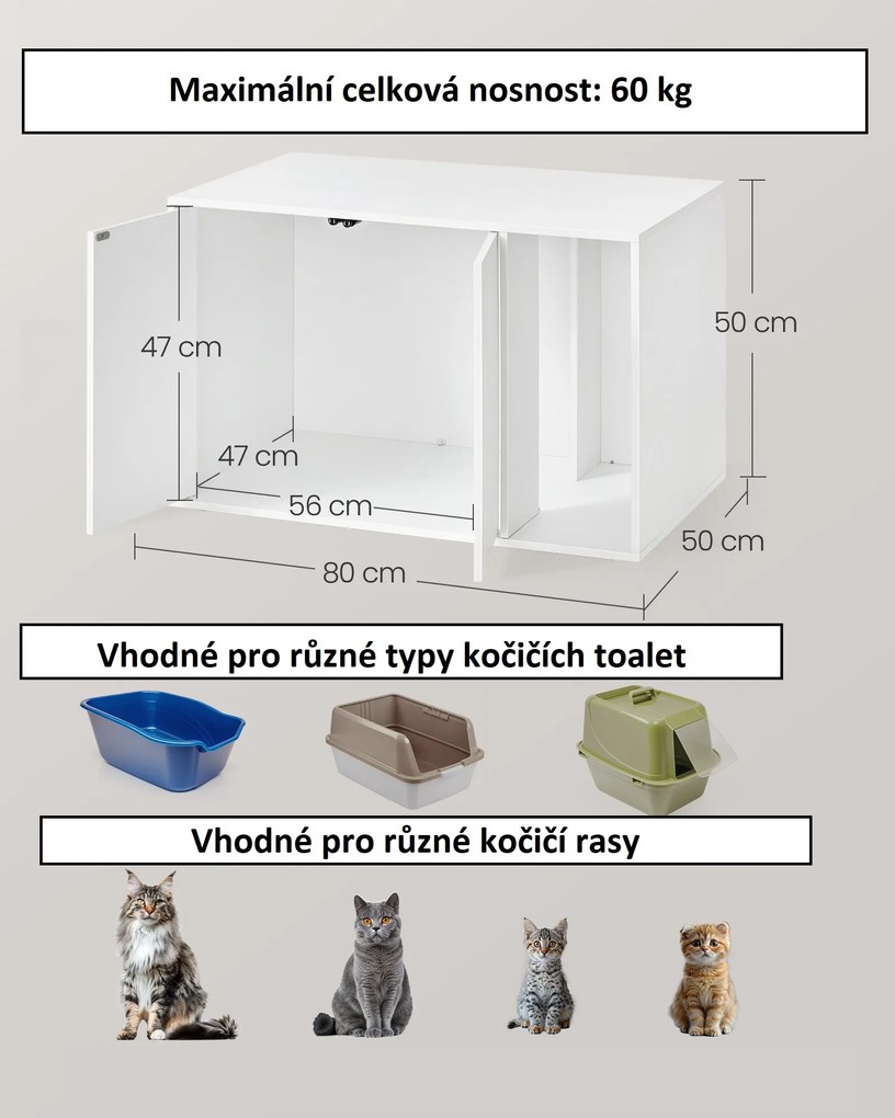 Skříňka na kočičí toaletu s dvířky, bílá PCL013W01