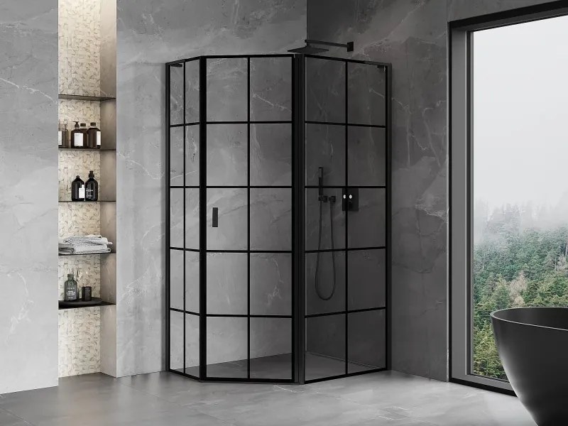 Mexen Mist L, pětiúhelníkový sprchový kout s křídlovými dveřmi, 100 x 80 cm, 8mm čiré sklo, černý profil, 8A8L-100-080-70-77-P