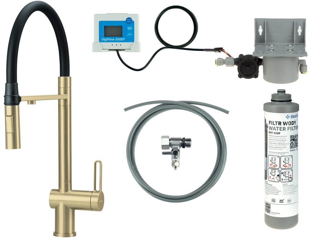 Deante Dřezová baterie Magnetic s flexibilním raménkem a sprškou v kompletu s filtrem vody - , zlatá kartáčovaná
