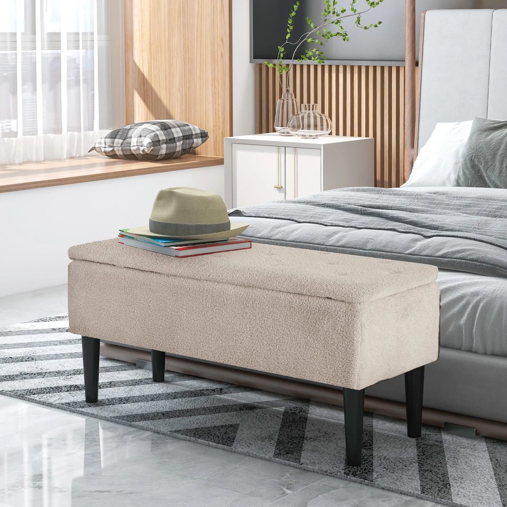 HOMCOM úložná lavice do ložnice s kapacitou 47 l, odklápěcí víko a dřevěné nohy, nosnost 120 kg, 95x38x45 cm, béžová