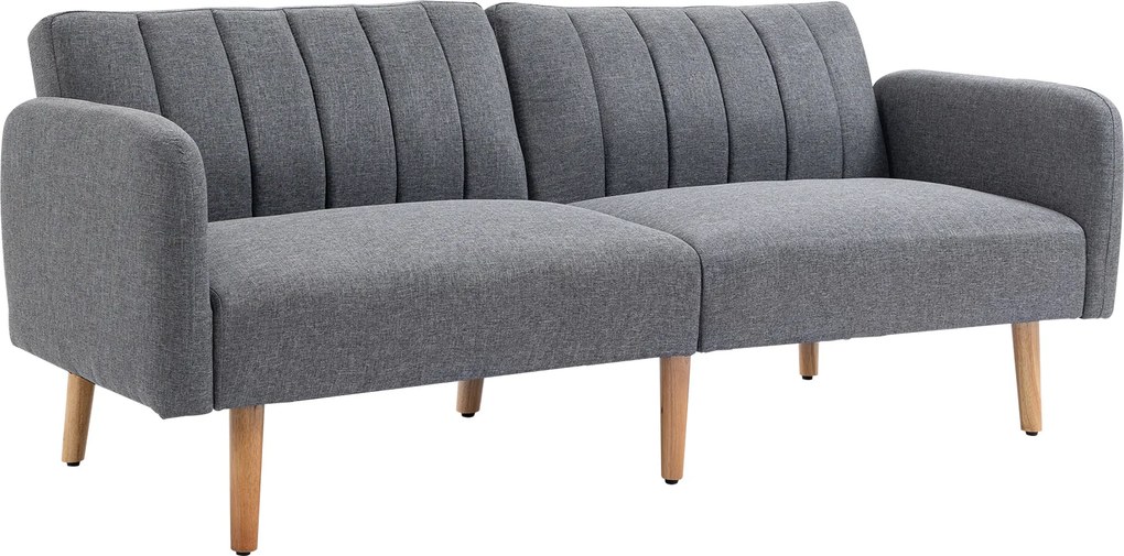 HOMCOM Rozkládací pohovka 2místná, rozkládací pohovka s funkcí spaní, polyester podobný lnu, kaučukové dřevo, šedá, 173x75x73cm