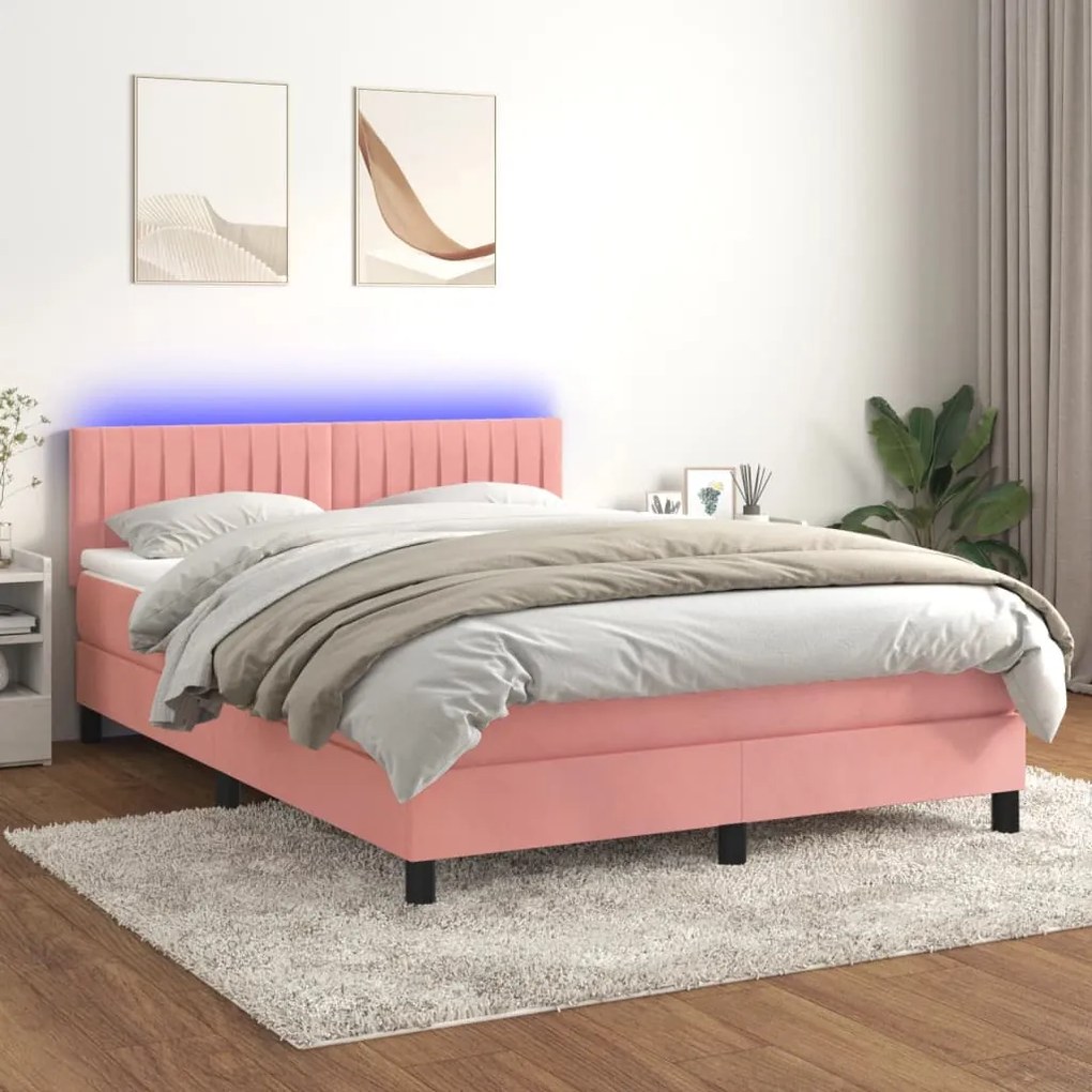Box spring postel s matrací a LED růžová 140x190 cm samet