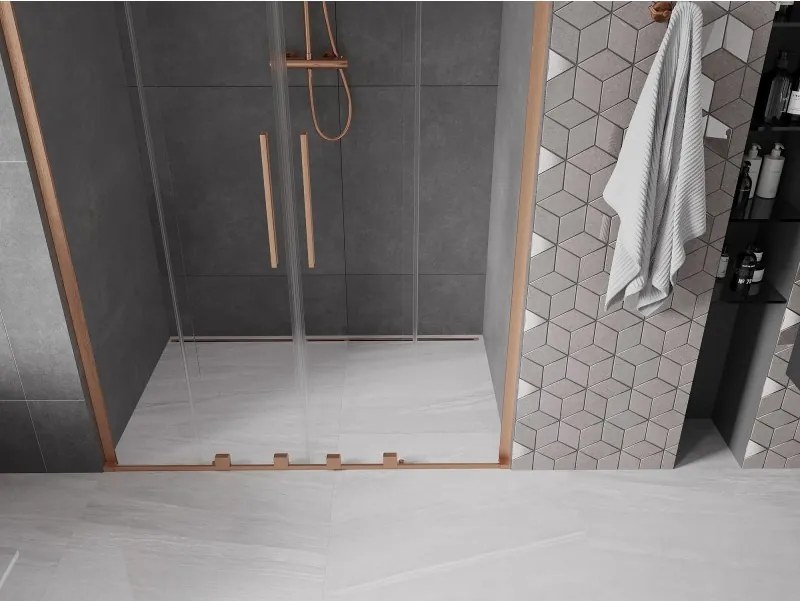 Mexen Velar L Duo, posuvné sprchové dveře do otvoru 140 cm, 8mm čiré sklo, měděná matná, 871-140-003-02-65
