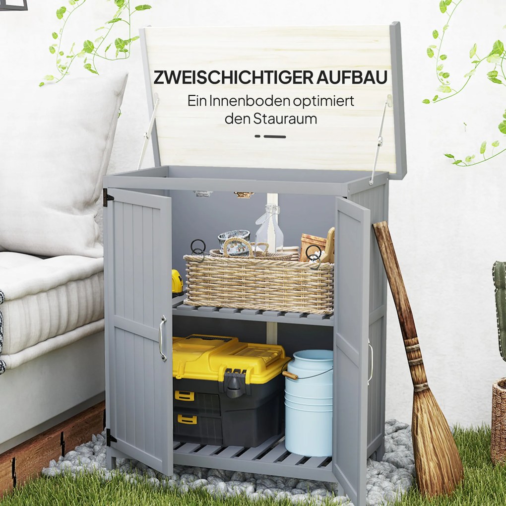 Zahradní skříňka Outsunny, dřevěná, odolná vůči povětrnostním vlivům, 74x43x88 cm, úložný prostor s skládacími policemi, pracovní plocha, skříňka na …