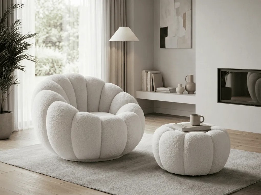 Otočné designové křeslo BLOOM s taburetem, bílá