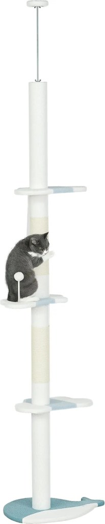PawHut Stropní Skřítek pro Kočky, Kočičí Gymnastika s Nastavitelnou Tyčí od 225 do 255 cm, Míč, Plošiny a Základna ve Tvaru Velryby, Bílá | Aosom