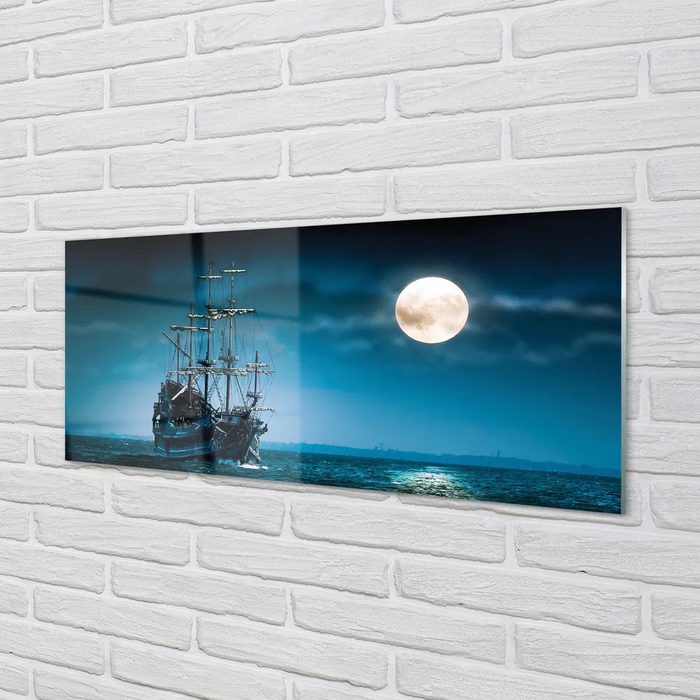 akrylový obraz Sea city měsíc loď 120x60 cm