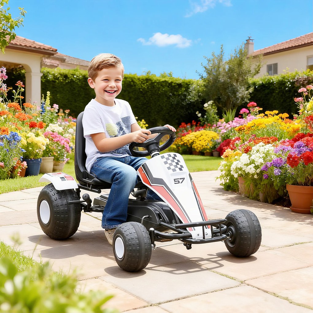 HOMCOM Motokára pro děti šlapací auto s pedály a brzdami 104x66x57cm z oceli pro děti od 3 do 8 let v bílé barvě