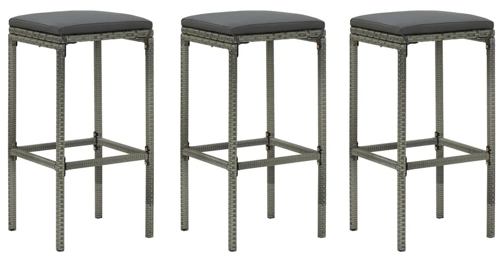 313444 vidaXL Barové stoličky s poduškami 3 ks šedé polyratan