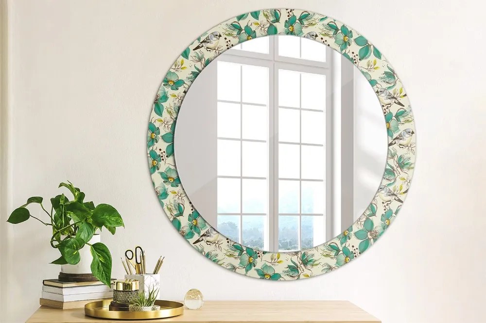 Kulaté dekorativní zrcadlo Květiny a ptáci fi 70 cm