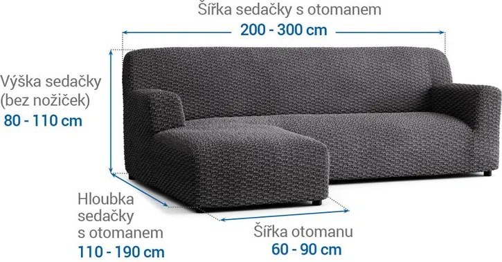 Bielastické potahy MOSAICO tmavě šedé sedačka s otomanem vlevo (š. 170 - 300 cm)