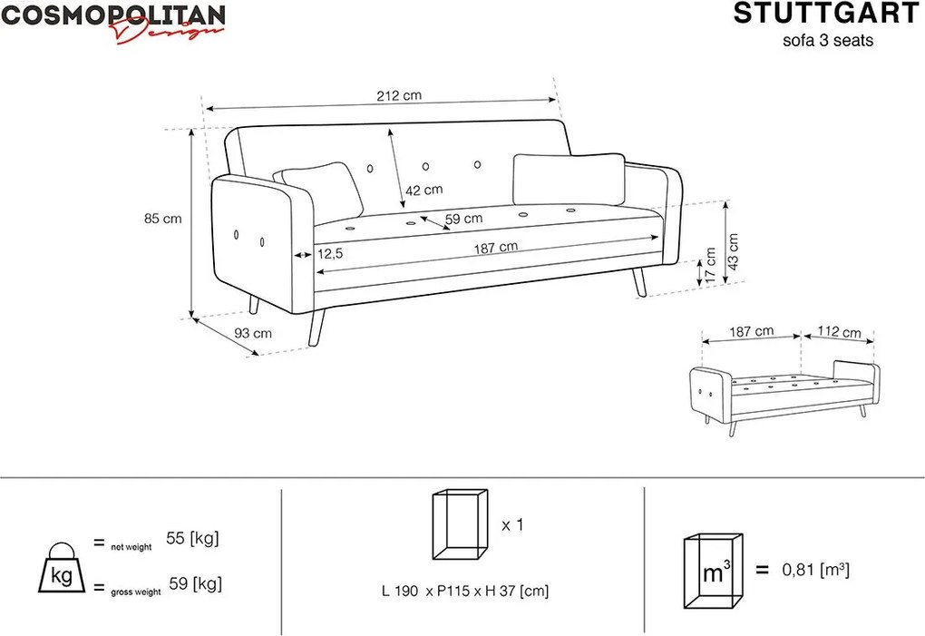 COSMOPOLITAN DESIGN Třímístná rozkládací pohovka Stuttgart