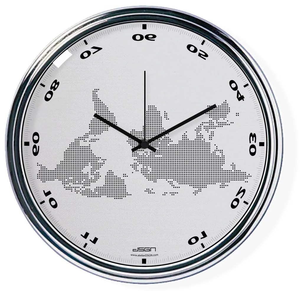 Světle šedé vodorovně zrcadlené hodiny s mapou (32 cm)