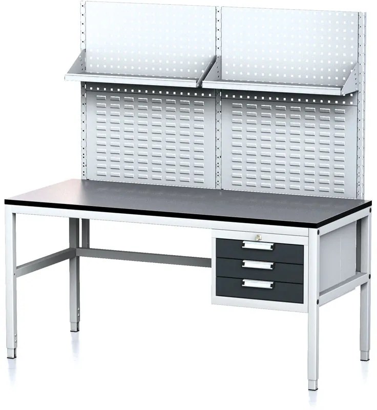Alfa 3 Nastavitelný dílenský stůl MECHANIC II s perfopanelem a policemi, 3 zásuvkový box na nářadí, 1600x700x745-985 mm, šedá/antracit