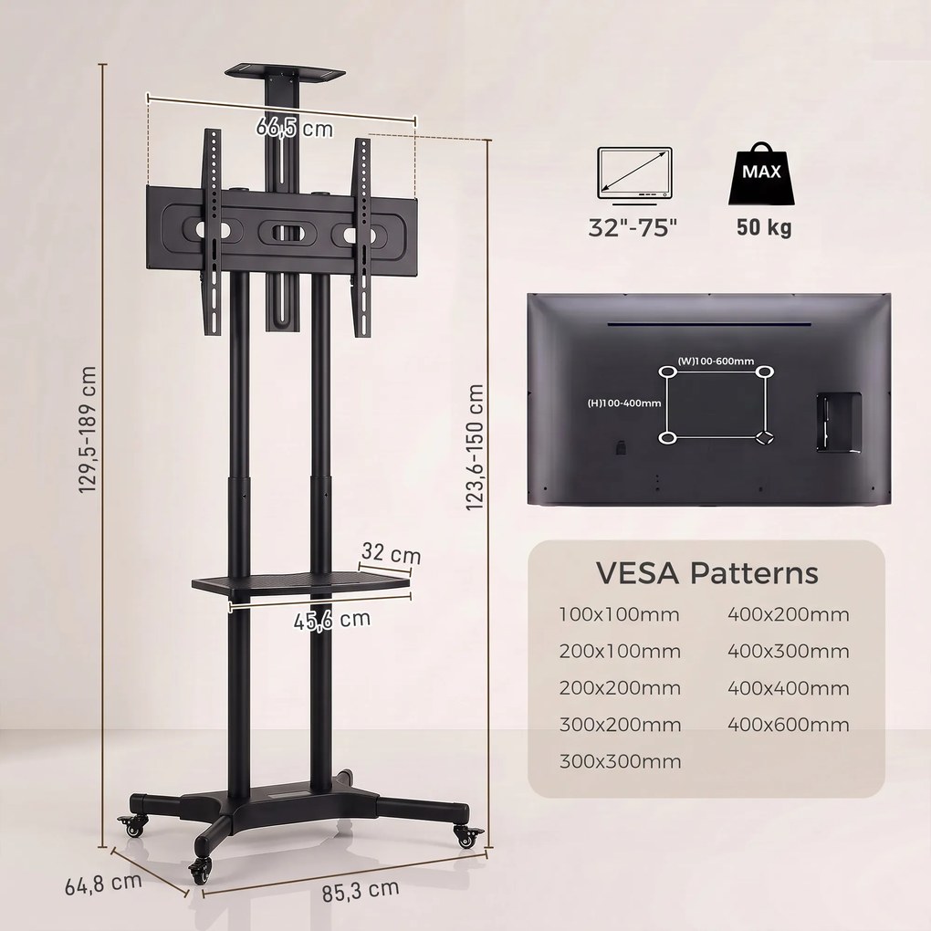 HOMCOM TV stojan na kolečkách pro TV 32-75 palců, výškově nastavitelný TV stojan s 2 policemi, kovový, max. VESA 400x600 mm