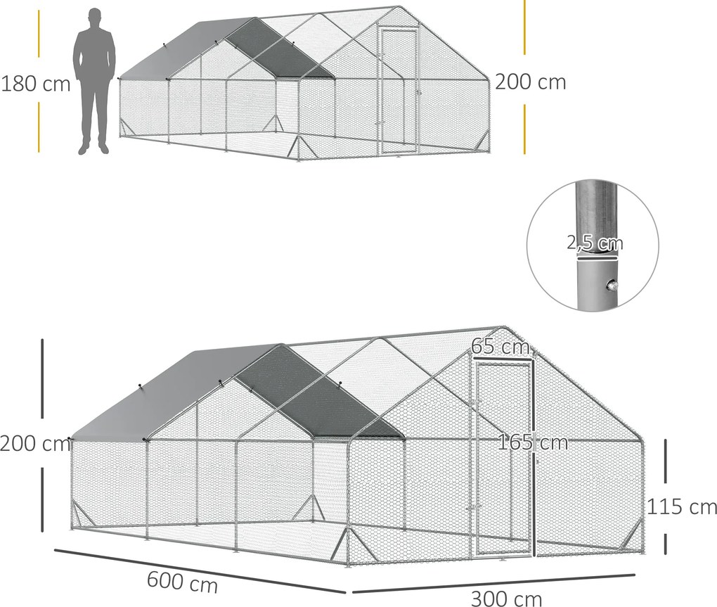 PawHut kurník, 3 x 6 x 2 m, volný výběh XXL, venkovní kurník se stínem, střecha, pro 12-18 kuřat, kachny, králíky, ocel