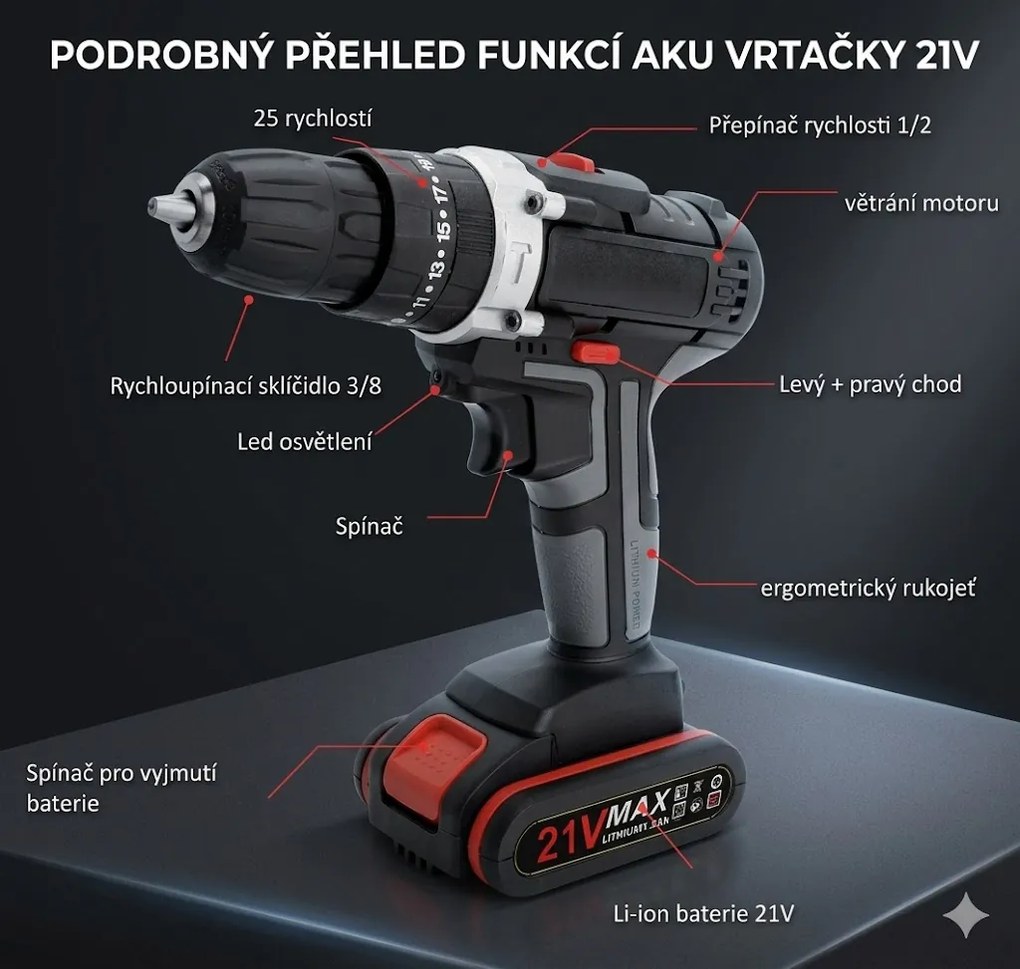 Aku vrtačka s příklepem 21V + 2 baterie v kufříku