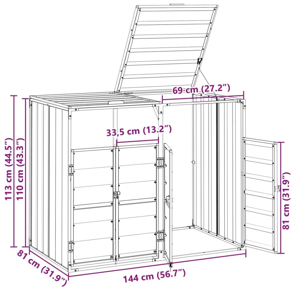 vidaXL Box na 2 popelnice šedý 144 x 81 x 113 cm ocel