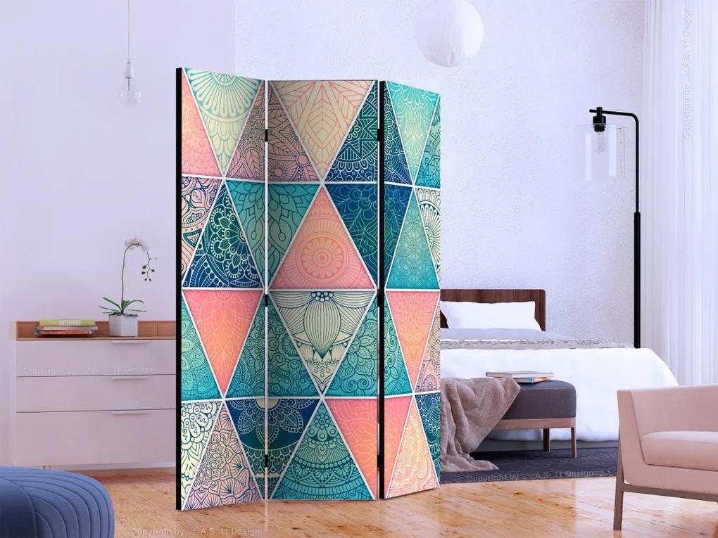 Pokojová zástěna Orientální trojúhelníky (3-dílná sada) - barevné geometrické mandaly