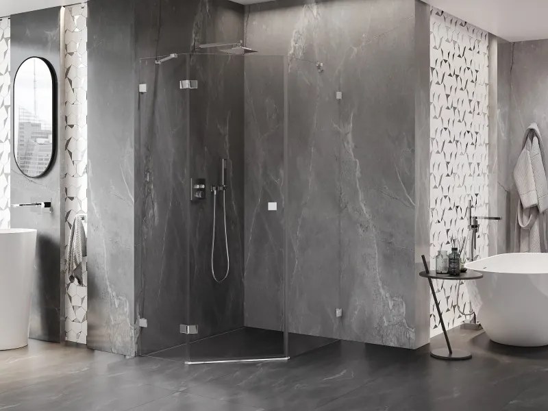 Mexen Lunar, pětiúhelníkový sprchový kout naklápěcí doleva 80 x 90 cm, 8mm čiré sklo, chromový profil, 831-080L-090P-01-00-L