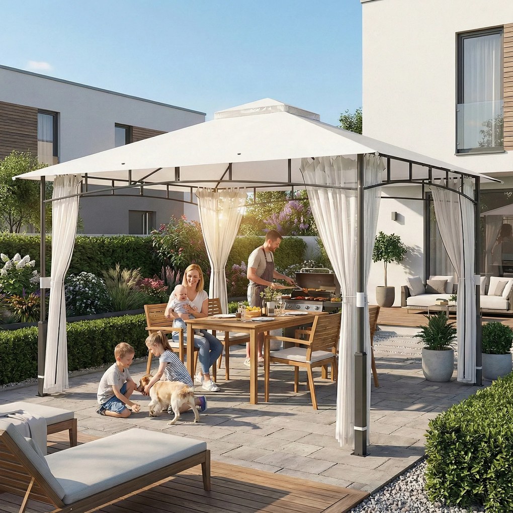 Outsunny Pavilon, 3x3,6 m vodoodpudivý Stabilní zahradní pavilon s moskytiérou, dvojitá střecha, pro zahradu, terasu, černý