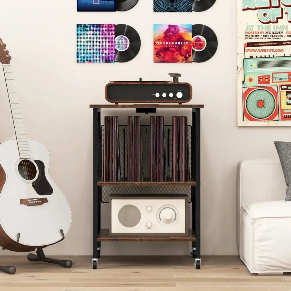 Mobilní stojan na gramofon se zásuvkami 220 V a USB porty, rustikální JV12662DE-CF