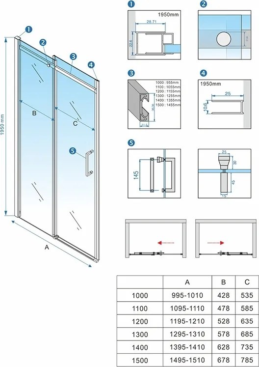 BPS-koupelny Posuvné sprchové dveře HYD-PD09B 110 zlatá kartáčovaná/transparent pro instalaci do niky - bez vaničky