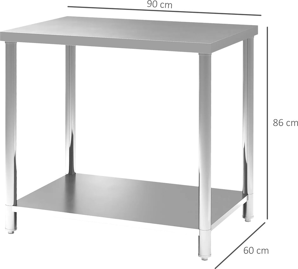 HOMCOM Pracovní stůl z nerezové oceli - Přípravný stůl do kuchyně se 2 policemi, Pracovní stůl do garáže, na zahradu, 90 x 60 x 86 cm, Stříbrný | Aoso