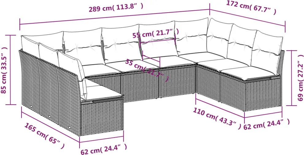 9dílná zahradní sedací souprava s poduškami šedá polyratan 3218070