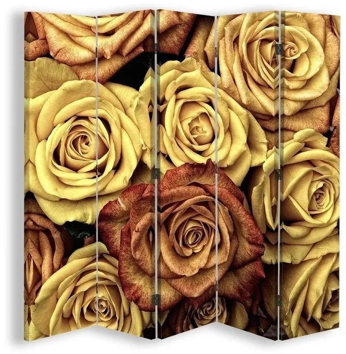 Ozdobný paraván Růže Květiny Žlutá - 180x170 cm, pětidílný, klasický paraván