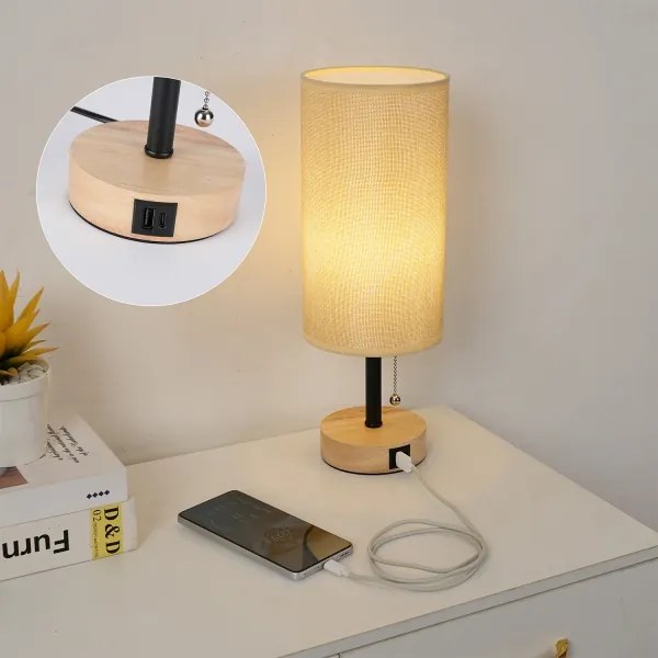 Brilagi - Stolní lampa s USB portem TABLON 1xE27/25W/230V dub/černá/béžová