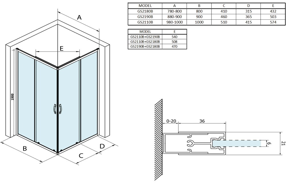 Gelco SIGMA SIMPLY BLACK obdélníkový sprchový kout 900x800 mm, L/P varianta, rohový vstup, čiré sklo, GS2190BGS2180B