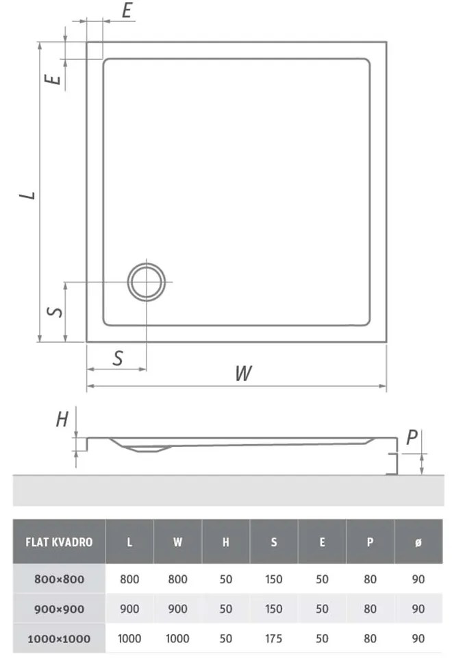 Roth Čtvercová akrylátová sprchová vanička FLAT KVADRO Varianta: rozměry: 80x80 cm - (FLAT KVADRO 800x800 - 8000118)