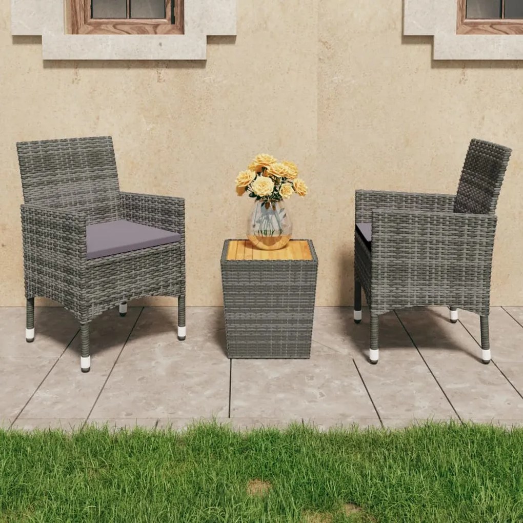 3dílný bistro set polyratan a akáciové dřevo šedý 3058363