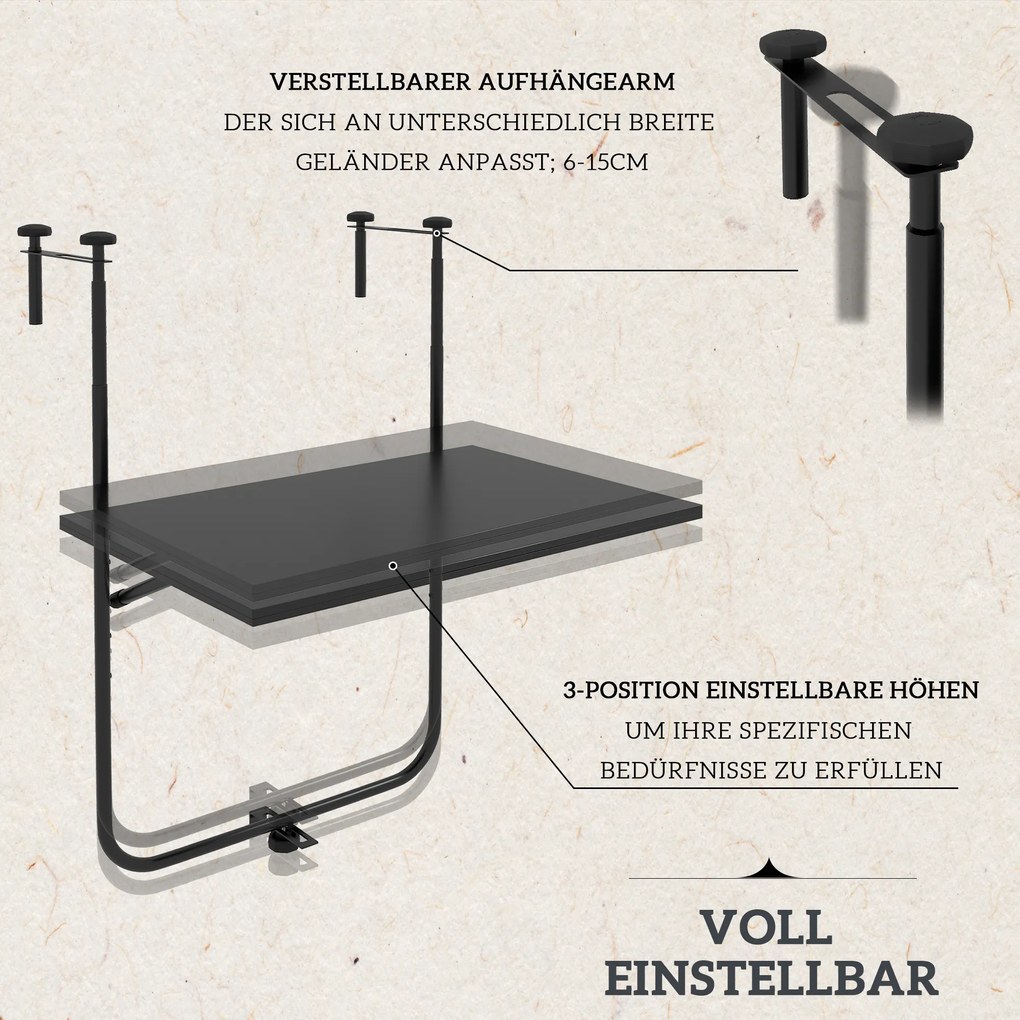 Balkonový stolek Outsunny pro zavěšení Skládací závěsný stolek 3-násobně výškově nastavitelný do 15 kg 62x60 cm černý pro balkon a terasu | Aosom.de