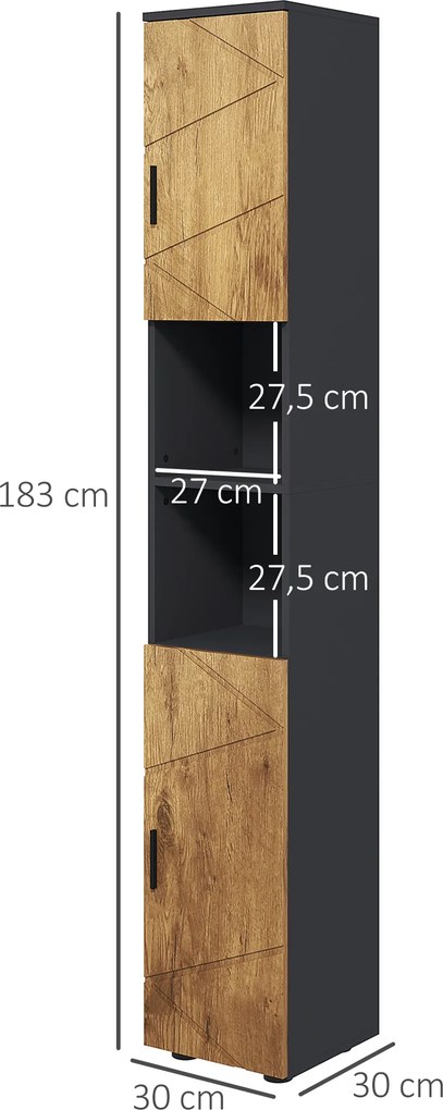 kleankin Skříň na koupelnové úložné prostory se 2 dveřmi, nastavitelnou policí a 2 přihrádkami, 30 x 183 cm, tmavý dub