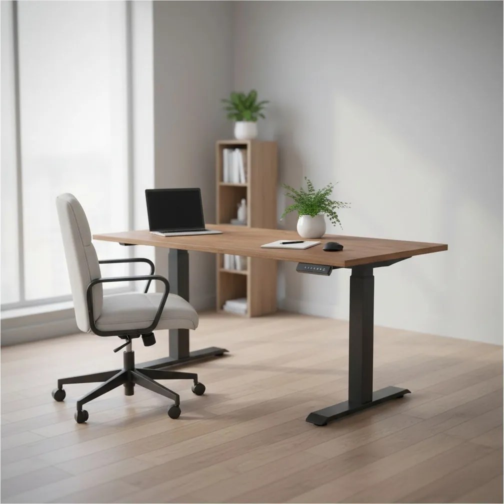 Výškově nastavitelný stůl OfficeTech D, 140 x 80 cm, černá podnož, dub silverjack