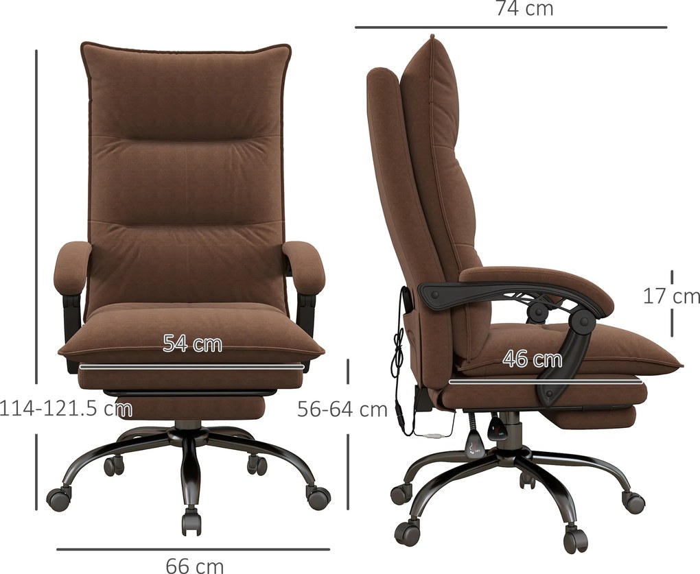Kancelářská židle Vinsetto s masážní funkcí, naklápěcí v úhlu 155°, otočná židle s područkami, ergonomická kancelářská židle, hnědá