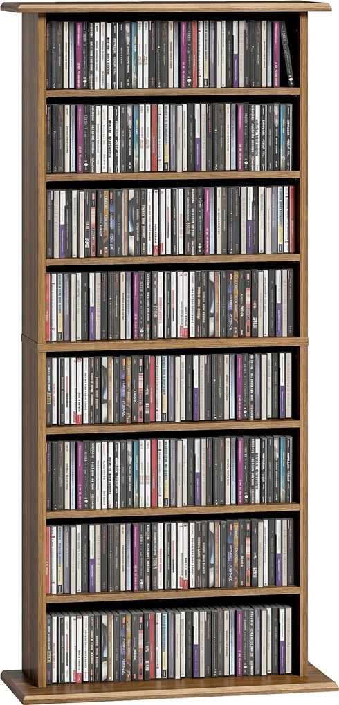 HOMCOM Úložný prostor na CD a DVD s 8 přihrádkami a 6 nastavitelnými policemi, maximální kapacita 360 CD/185 DVD a Blu-ray, ořech