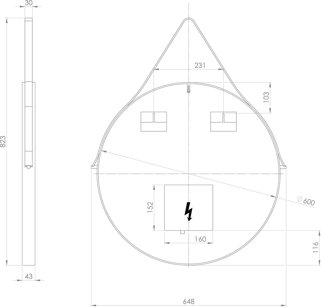 Sapho Sapho, ORBITER LED podsvícené kulaté zrcadlo s koženým popruhem, o 60cm, černá mat