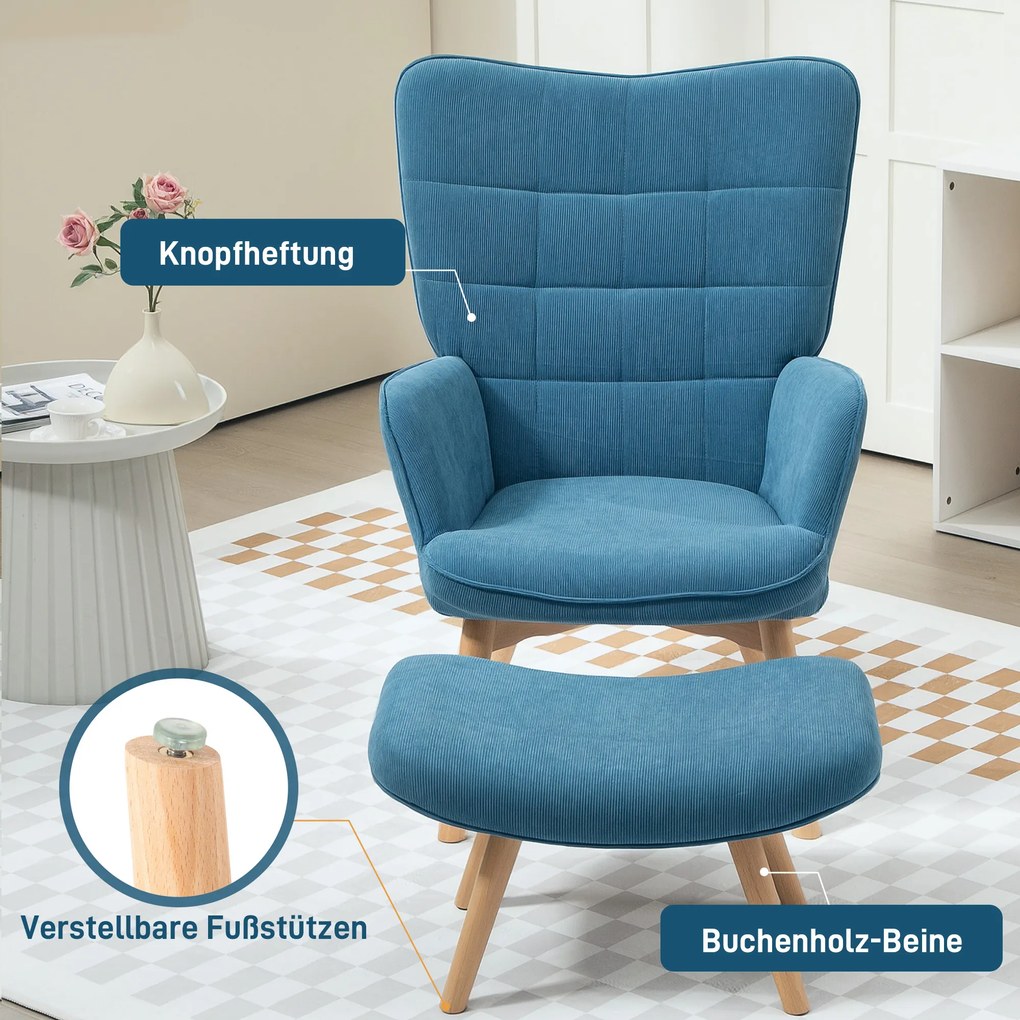 HOMCOM Křeslo s taburetem, křídlové křeslo s vysokým opěradlem, dřevěné nohy, lounge křeslo s čalouněným vzorem, manšestrový vzhled, do obývacího pok…