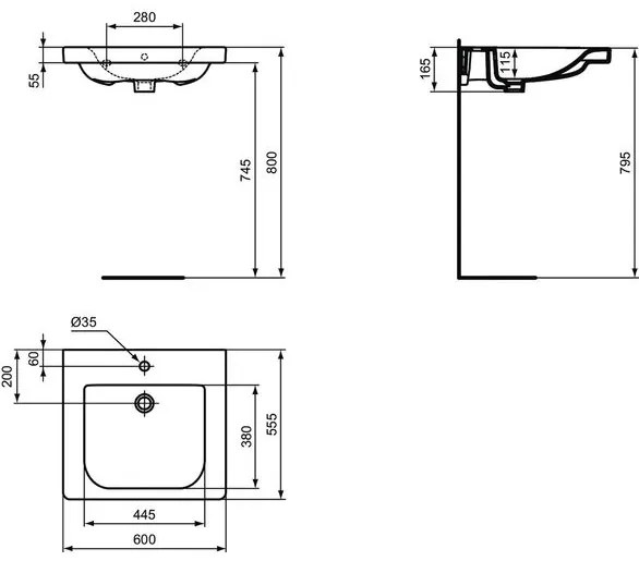 Ideal Standard Connect Freedom Umyvadlo 60x16,5x55,5 cm, bílá Ideal plus E5482MA