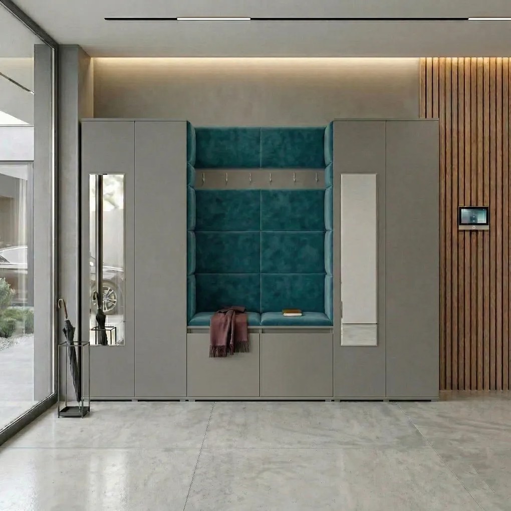 Předsíňová stěna Trinity 10 s čalouněnými panely, 280 cm, grafit/ azurová