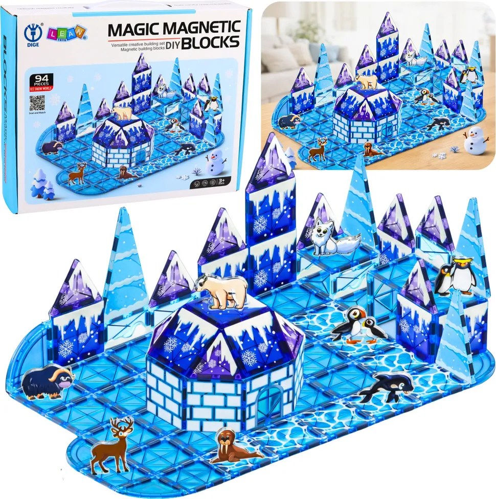 LEAN Toys Magnetické kostky – Ledová krajina – figurky zvířat – modré – 94 ks