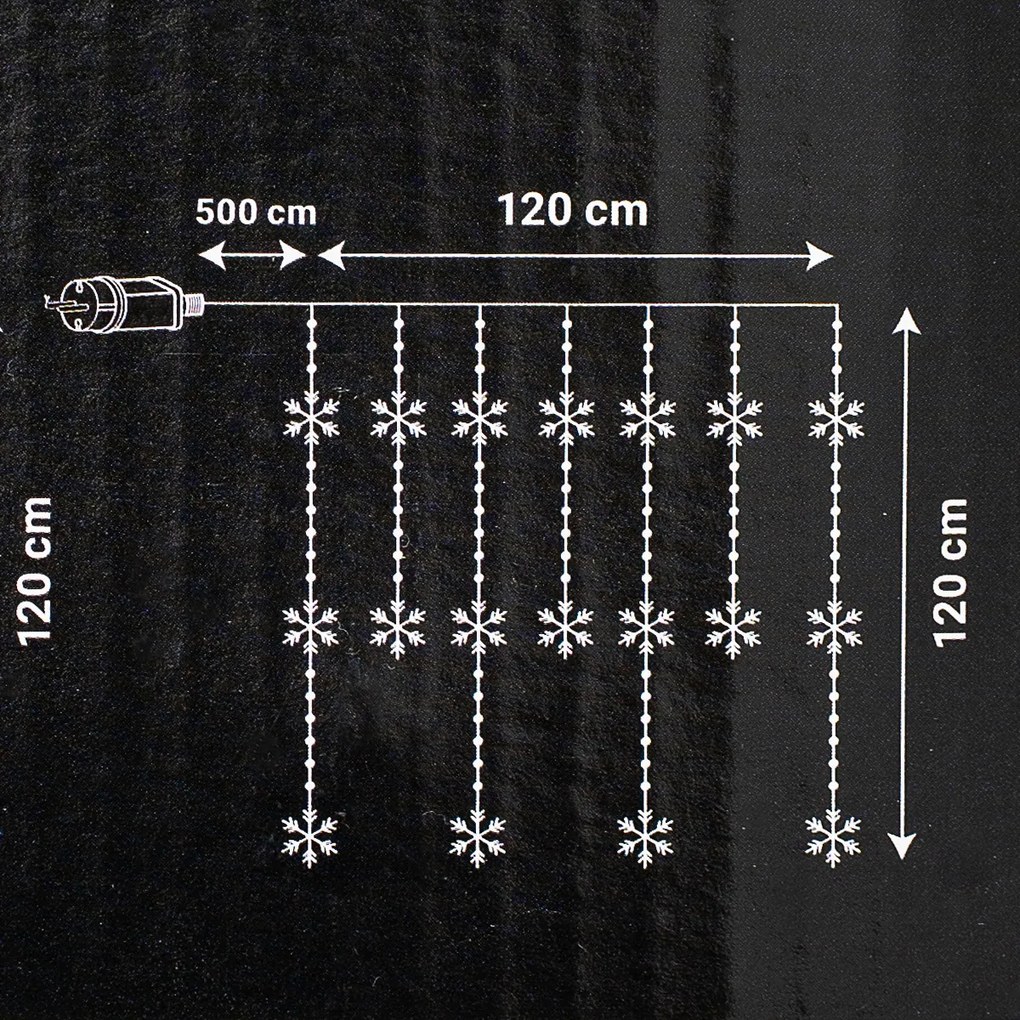 Světelný venkovní závěs Snowflakes, 120x120cm, LED, studená bílá, časovač, 8 funkcí, na baterie, 120 cm