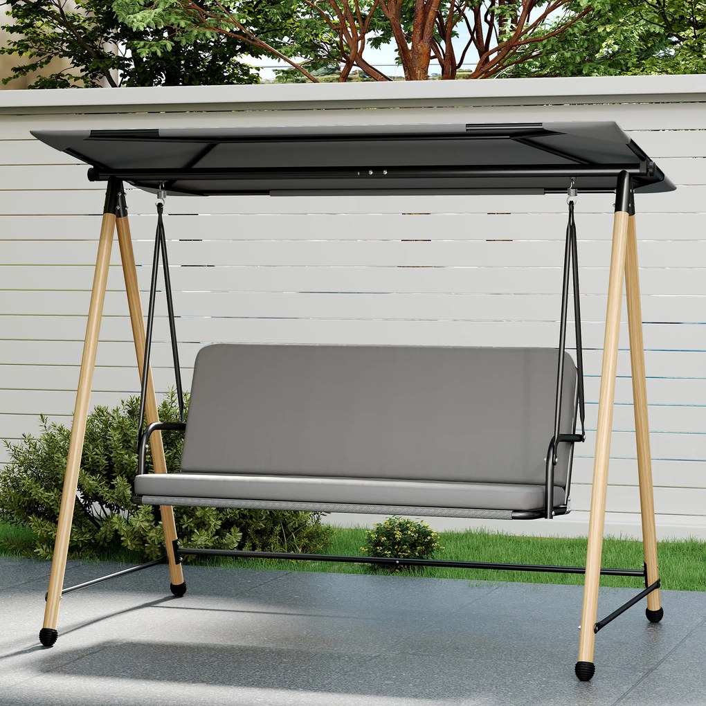Outsunny zahradní houpačka pro 3 osoby, venkovní houpačka s nastavitelnou střechou a odnímatelným silným polštářem, 208x125x180 cm, šedá