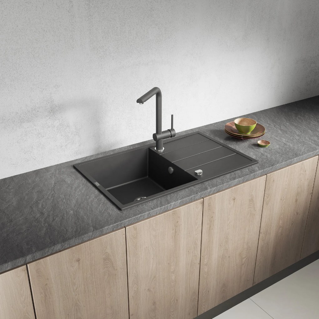 Laveo Wolin, 1-komorový granitový dřez 780x480x185 mm, černá skvrnitá, LAV-SPW_711T