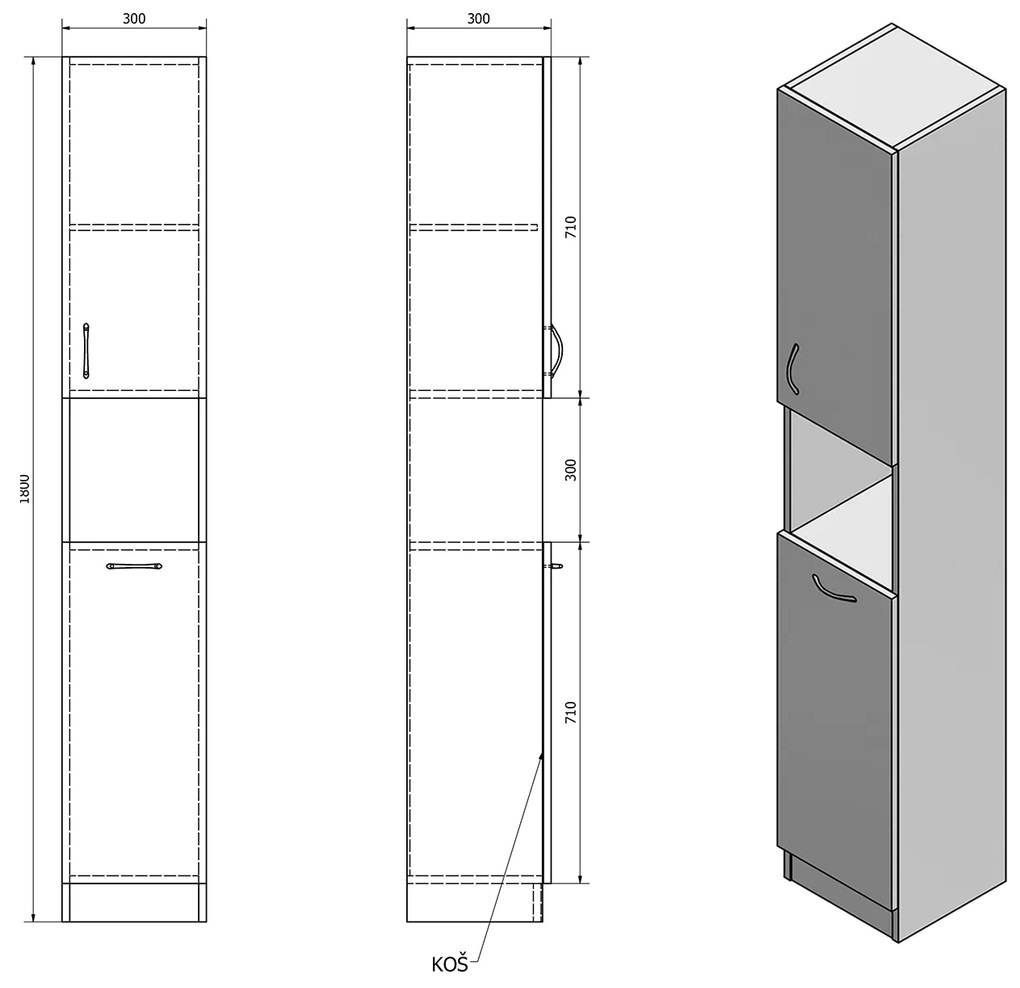 Aqualine, SIMPLEX ECO vysoká skříňka s košem 30x180x30cm, SIME310